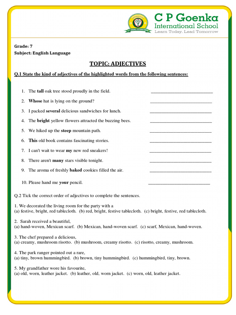 7th Grade English: Adjectives Worksheet | PDF