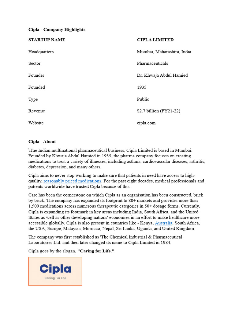Cipla Overview | PDF | Pharmacology | Clinical Medicine
