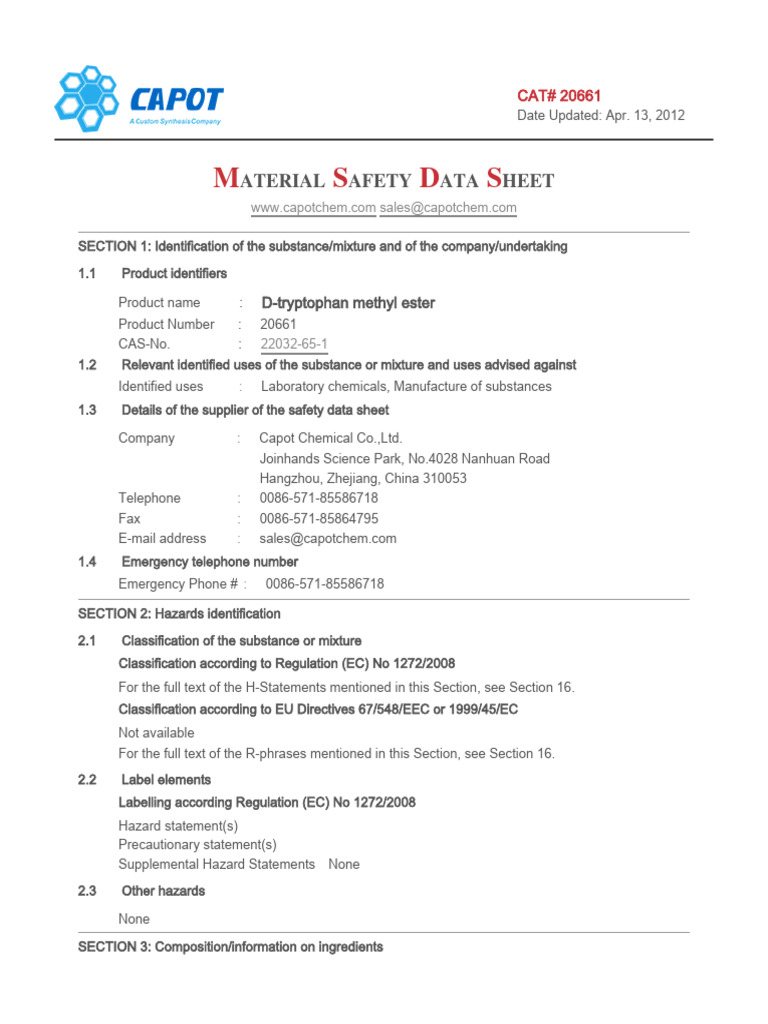 MSDS of D-Tryptophan Methyl Ester | PDF | Safety | Chemistry