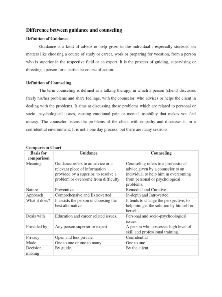 Guidance vs Counseling Explained | PDF | Psychotherapy | Behavioural ...