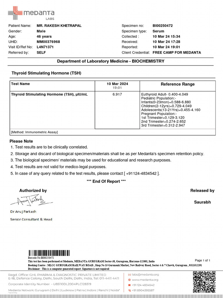 Labreportnew1 - 2024-03-10T200316.028 | PDF | Thyroid Stimulating ...