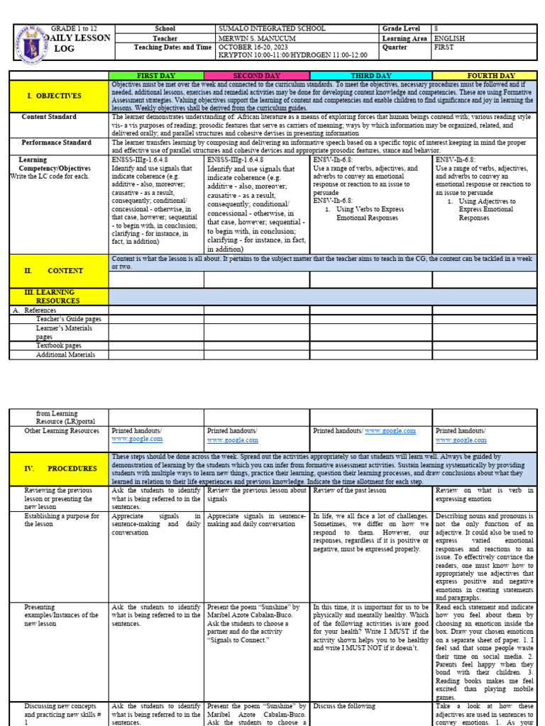 Grade 8 Week 8 | PDF | Learning | Teachers