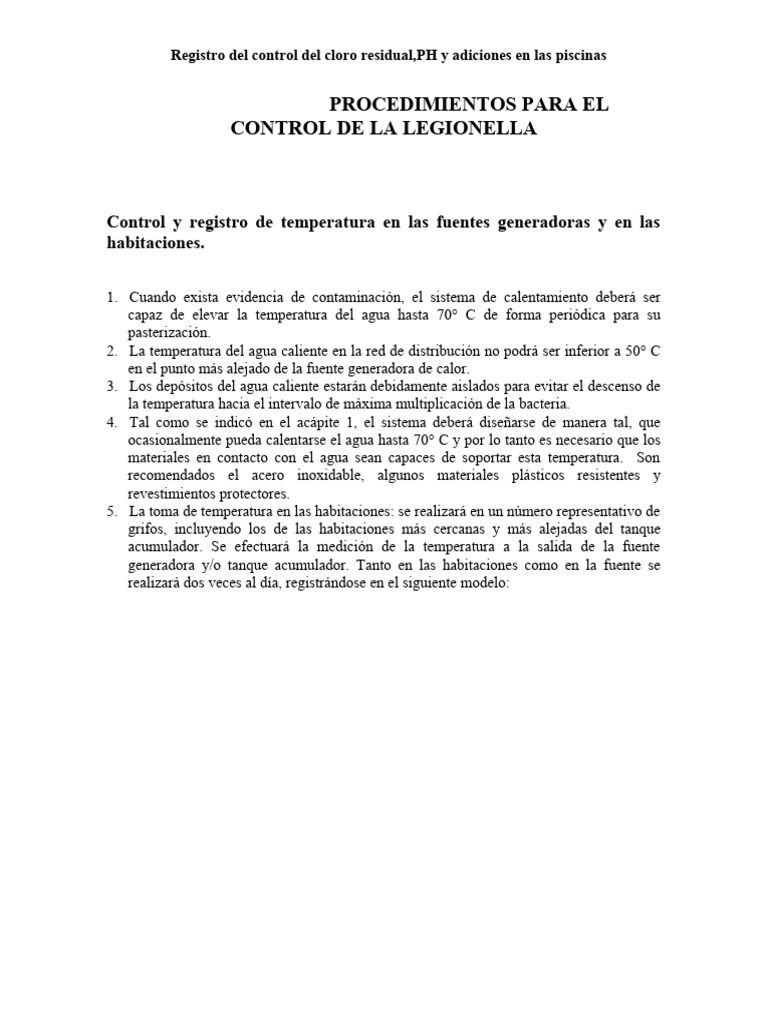 Procedimientos para El Control de La Legionella | PDF | Agua | Piscina