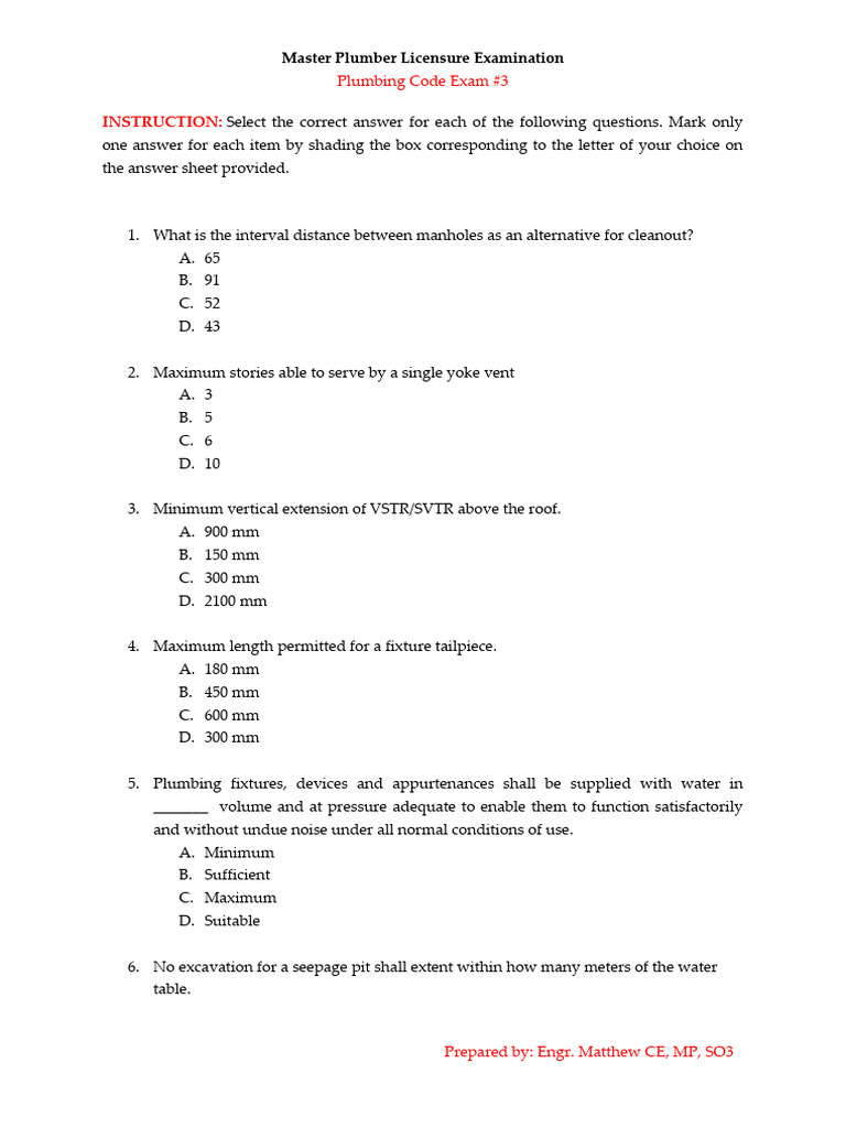 Master Plumber Exam: Plumbing Code Questions | PDF | Plumbing | Pipe ...