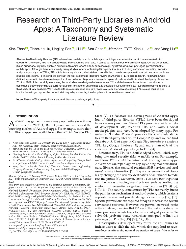 Research On Third Party Libraries In Android Apps A Taxonomy And