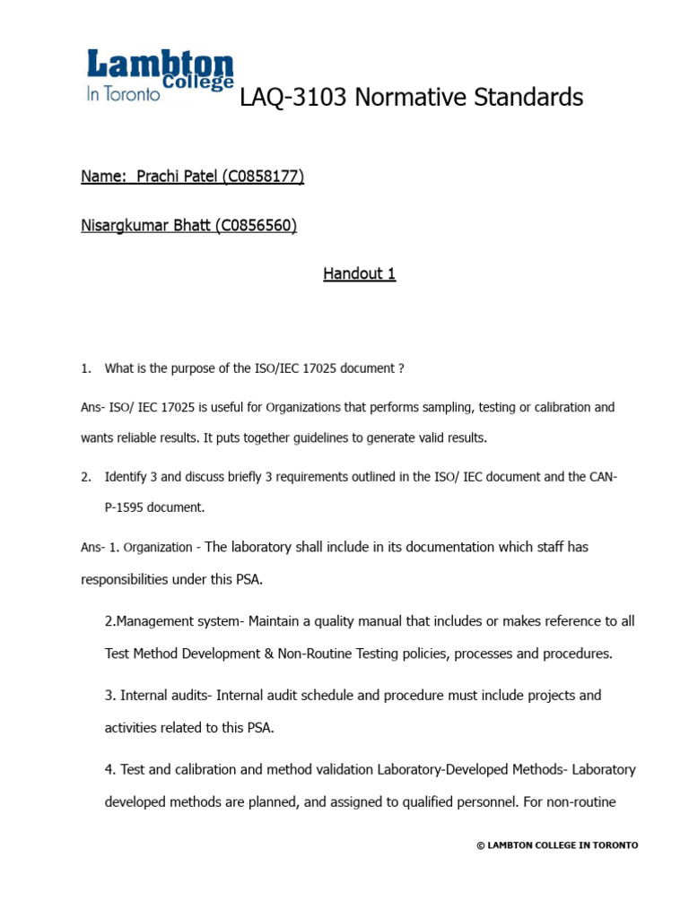 LAQ 3103 Lambton Handout1 | PDF | Internal Audit | Laboratories