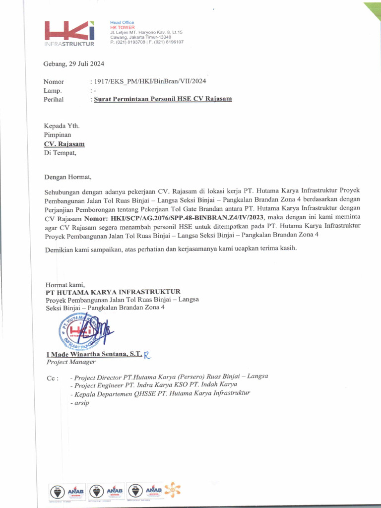 1917-EKS - PM-HKI-BinBran-VII-2024 Surat Permintaan Personil HSE CV. Rajasam | PDF