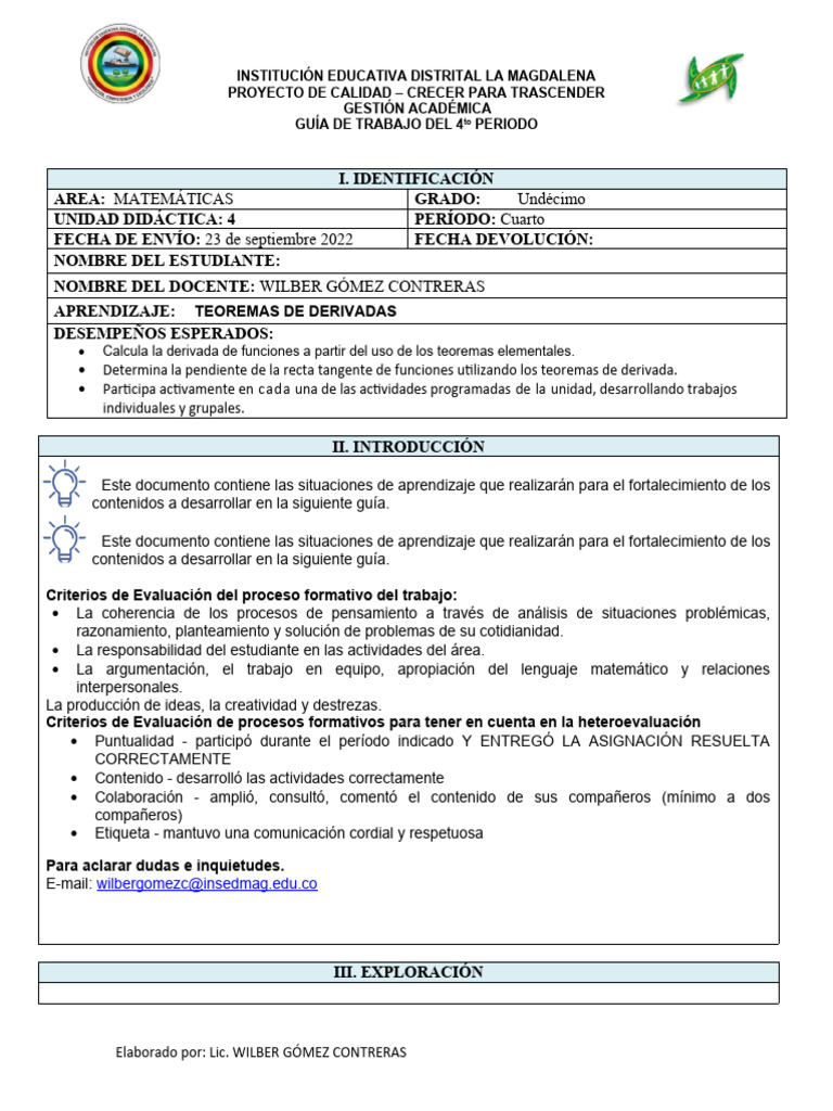 Guía Undécimo Derivadas 2 Cuarto Periodo | PDF | Evaluación | Aprendizaje