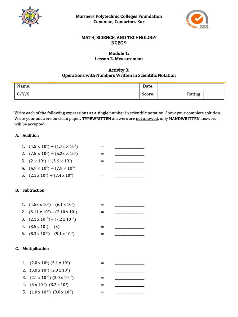 Activity 3. Operation With Numbers Writing in Scientific Notation | PDF ...