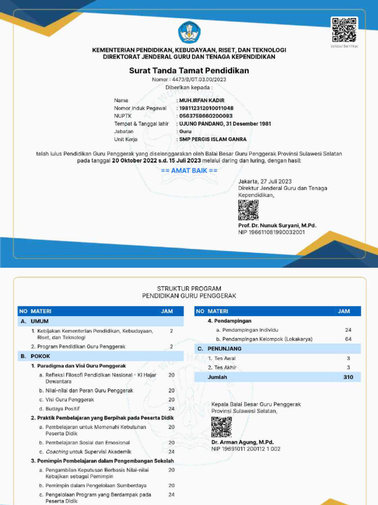 Sertifikat Guru Penggerak - MUH. IRFAN KADIR - SGP | PDF