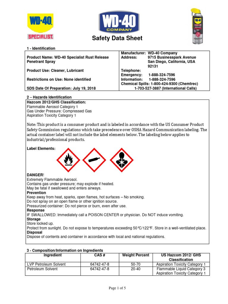 05. MSDS Rust Penetrant Merk WD40 | PDF | Occupational Safety And ...