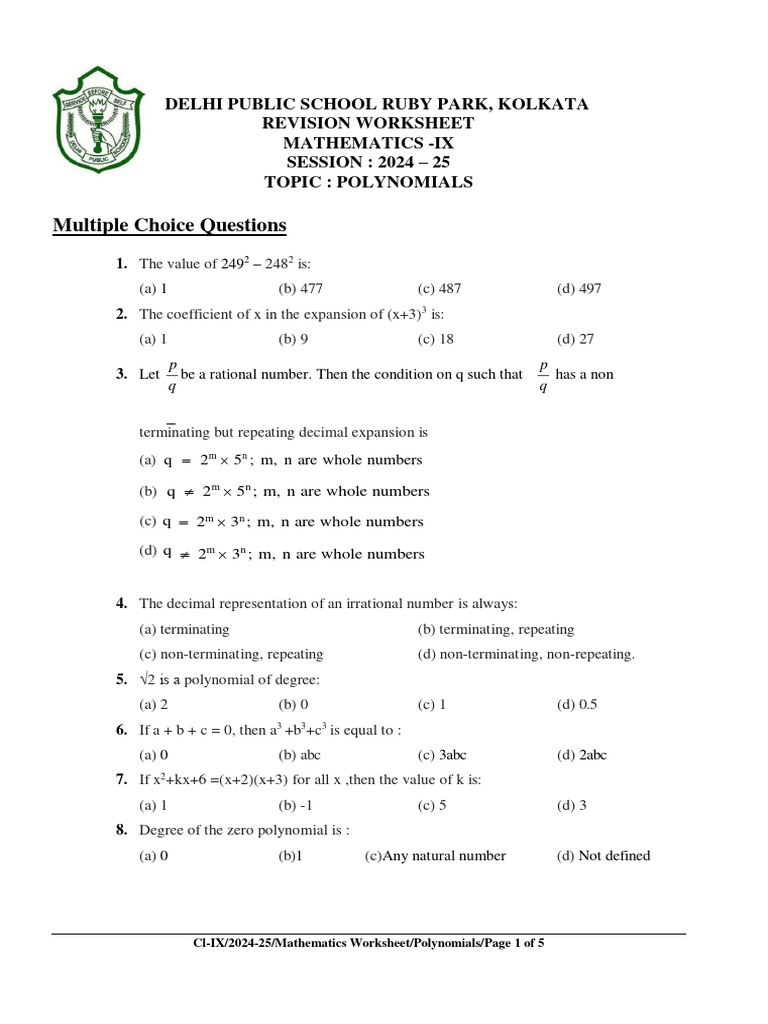 Worksheet Polynomials CL 9 | PDF | Polynomial | Mathematics