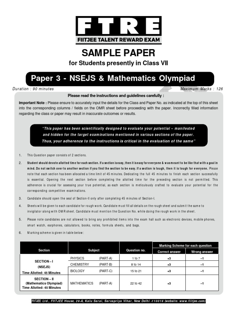 Ftre-2023-Sample Paper-Class-Vii-P3-Nsejs & Mo | PDF | Tooth | Chemistry