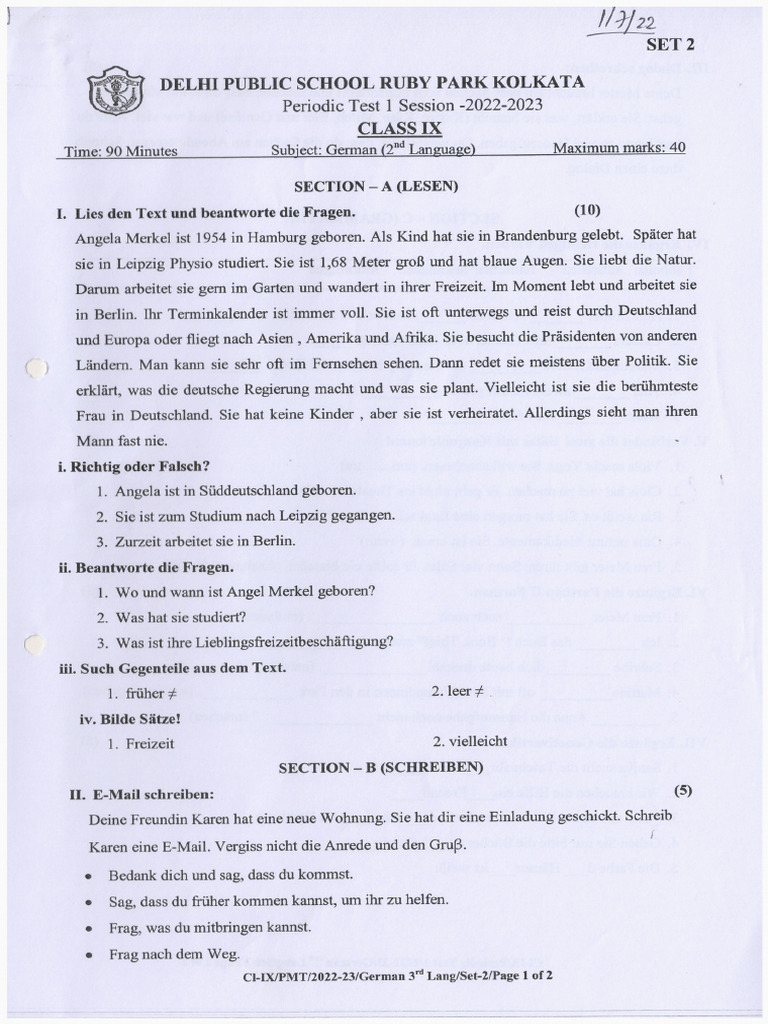 CL IX Periodic Test1 German 2nd Lang 2022-23 | PDF