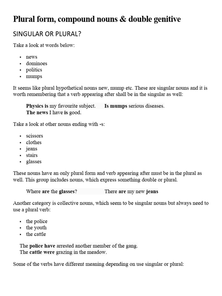 Plural Form, Compound Nouns and Double Genitive | PDF | Plural | Noun
