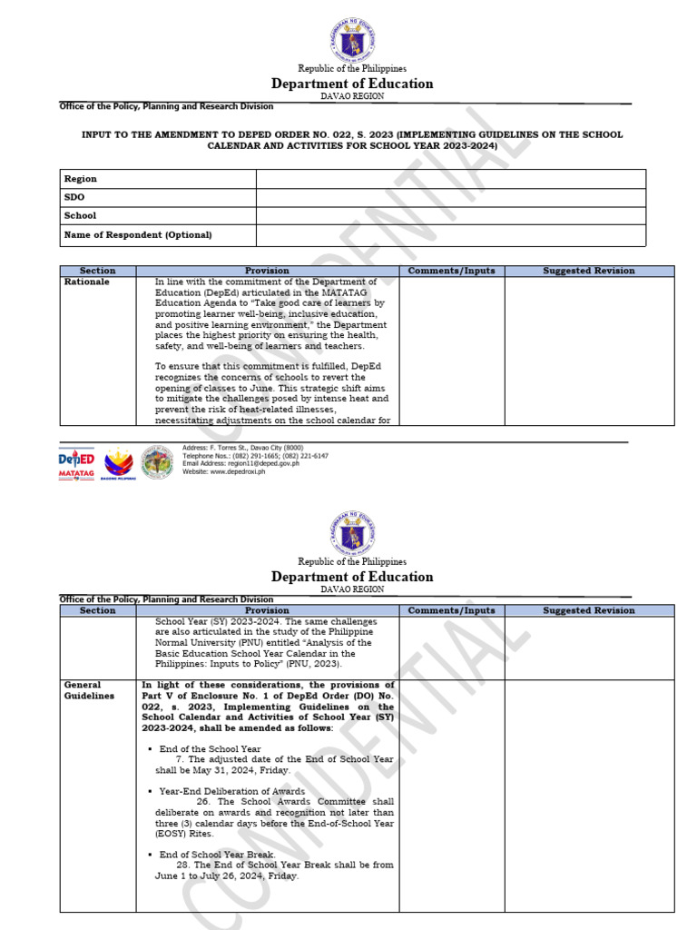 Input To The Amendment To Deped Order No. 022 S. 2023 Implementing Guidelines On The School ...