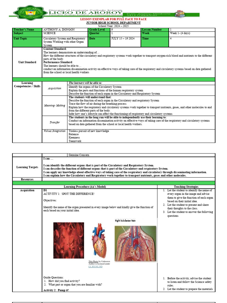 Grade 9 - First Quarter - Week 1 (Lesson Exemplar) | PDF | Breathing ...