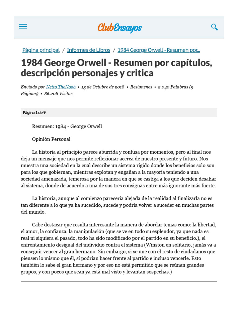 1984 George Orwell - Resumen Por Capítulos, Descripción Personajes y Critica - Resúmenes - Netto ...