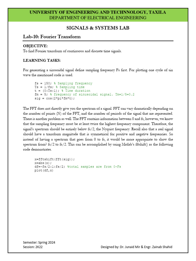 Lab-10 Fourier Transform | PDF | Spectral Density | Frequency