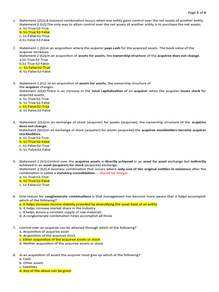 AFAR Practice Questions & Answers | PDF | Mergers And Acquisitions | Goodwill (Accounting)