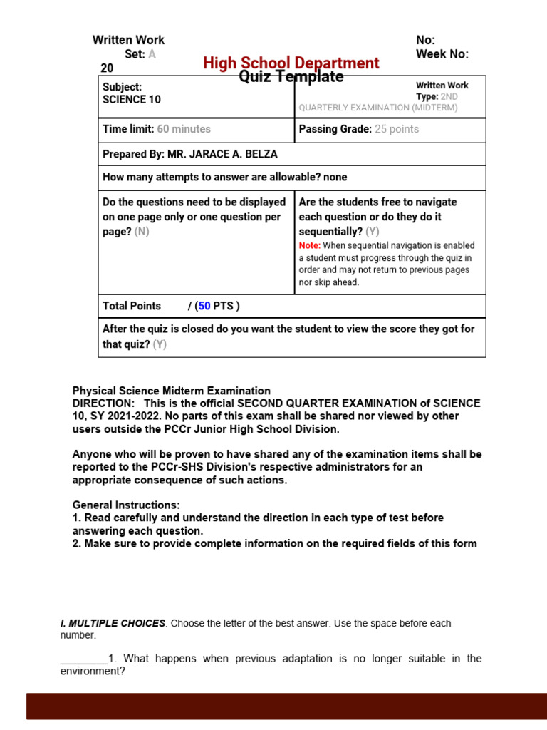 Science 10 3rd Quarter Examination | PDF | Menstrual Cycle | Luteinizing Hormone