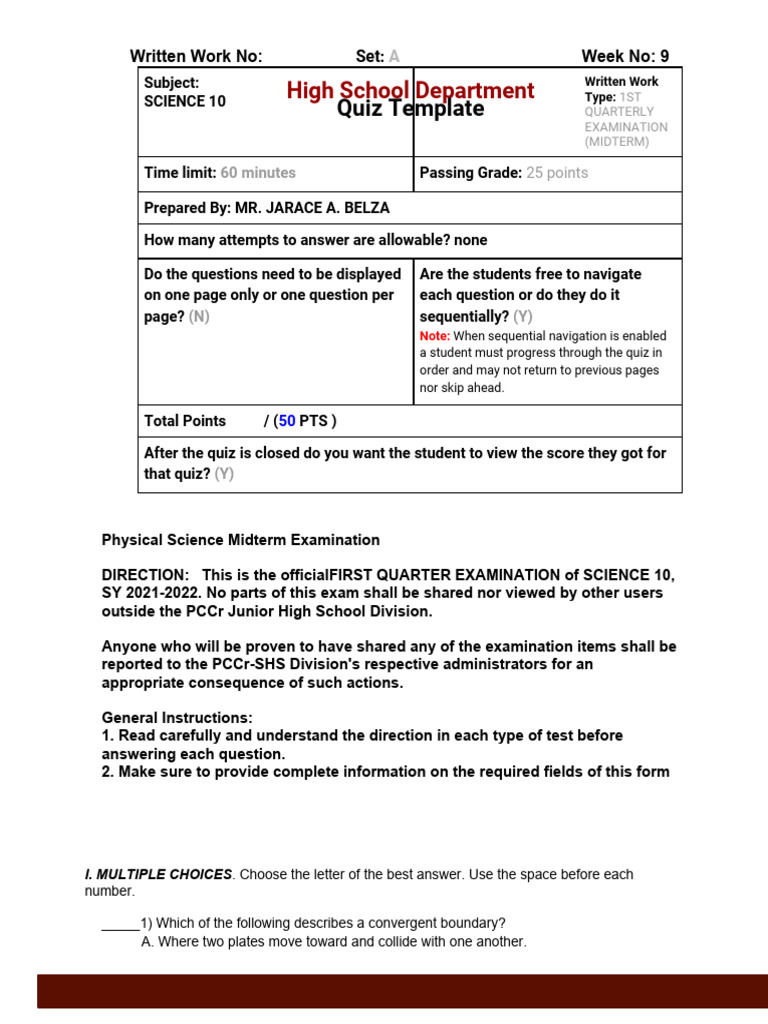 Science 10 1st Quarter Examination | PDF | Plate Tectonics | Mountains