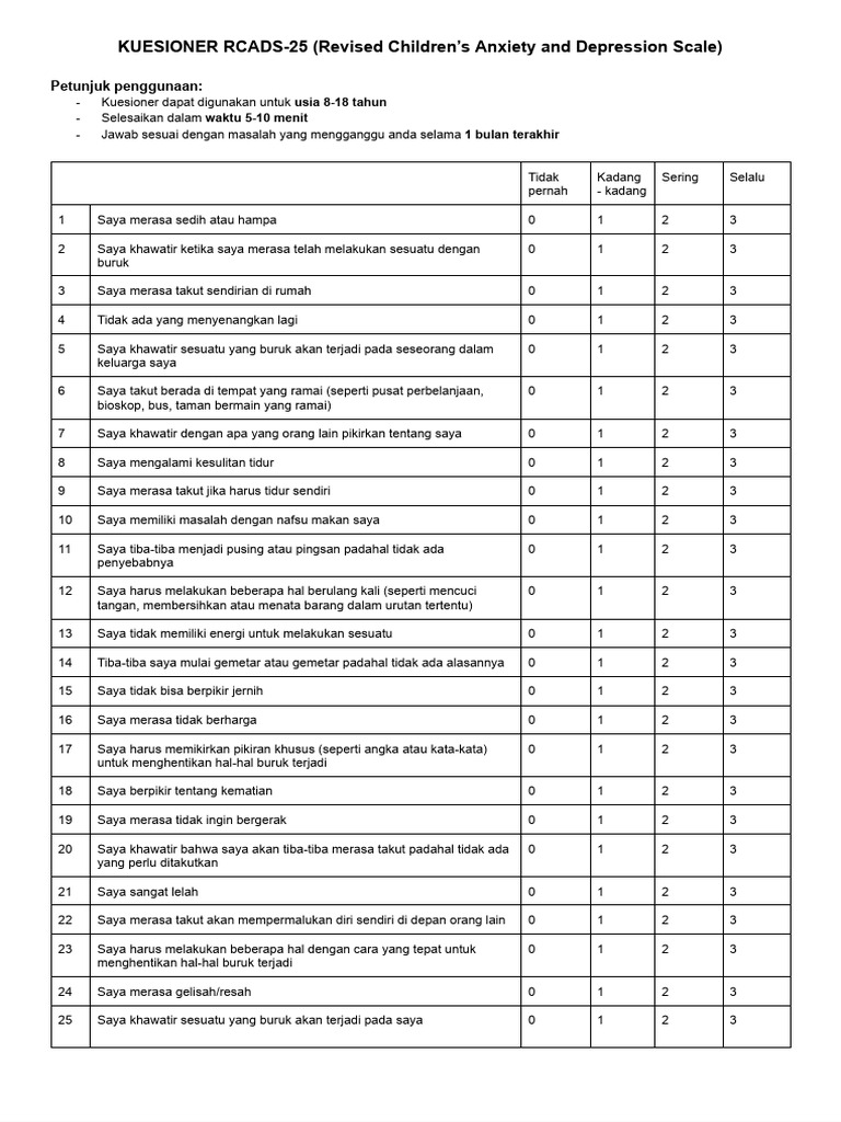 Draft Kuesioner RCADS 25 | PDF