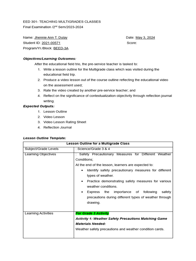 Dulay, Jhennie Ann T. Final Exam in EED 301 (Lesson Outline For A ...