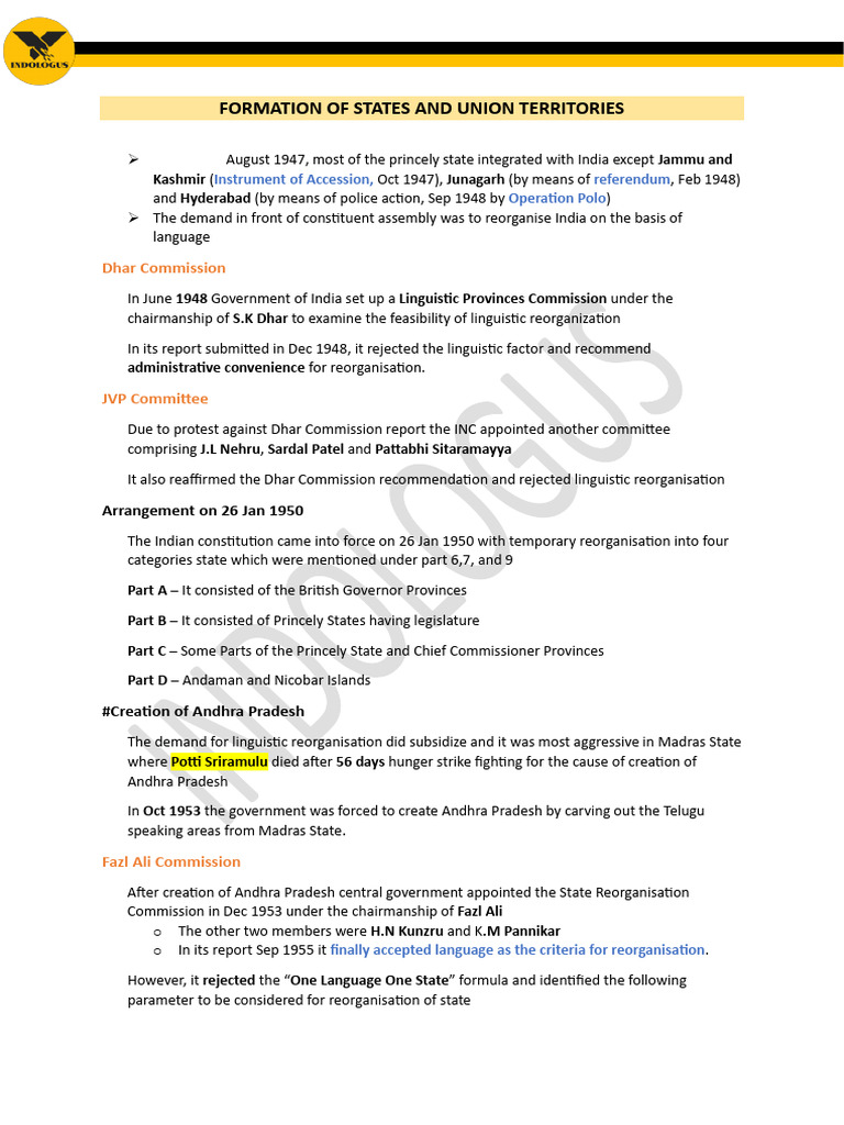 Reorganisation of States | PDF | Government Of India | Politics Of India