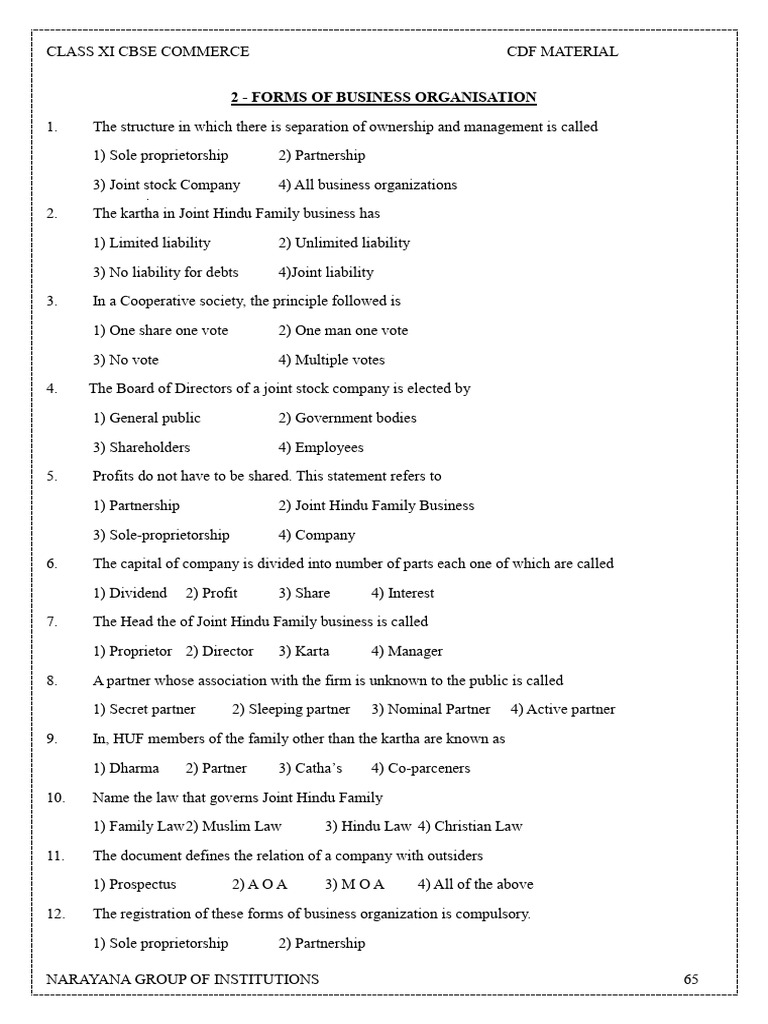 Class Xi - BST - Forms of Business Organisations CDF 13.07.2024 | PDF ...