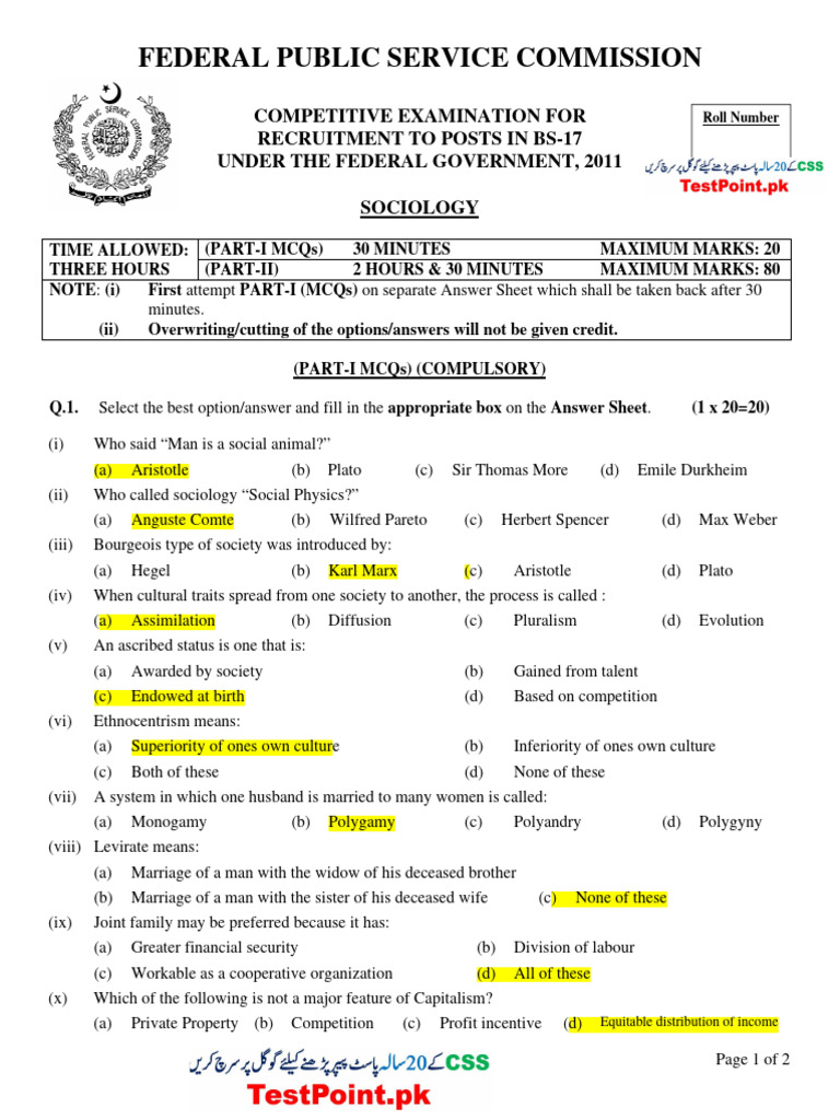 CSS Sociology 2011 Past Paper | PDF | Sociology | Society