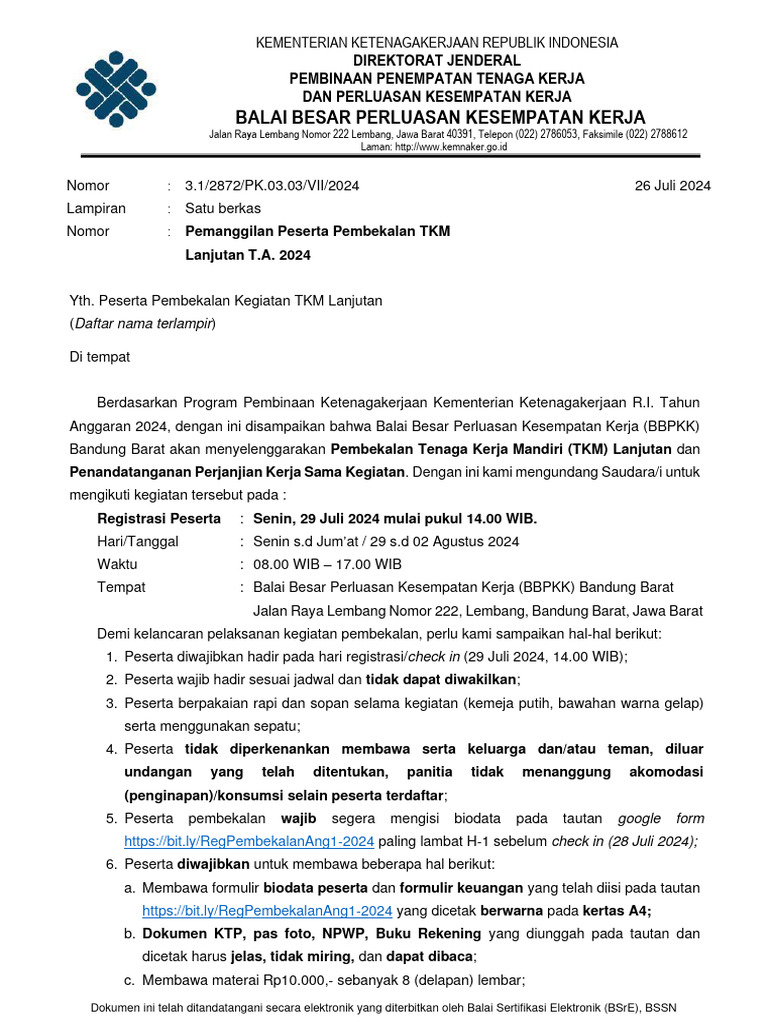 SURAT PEMANGGILAN TKML 2024 Ang 1 - Sign - 7710 | PDF