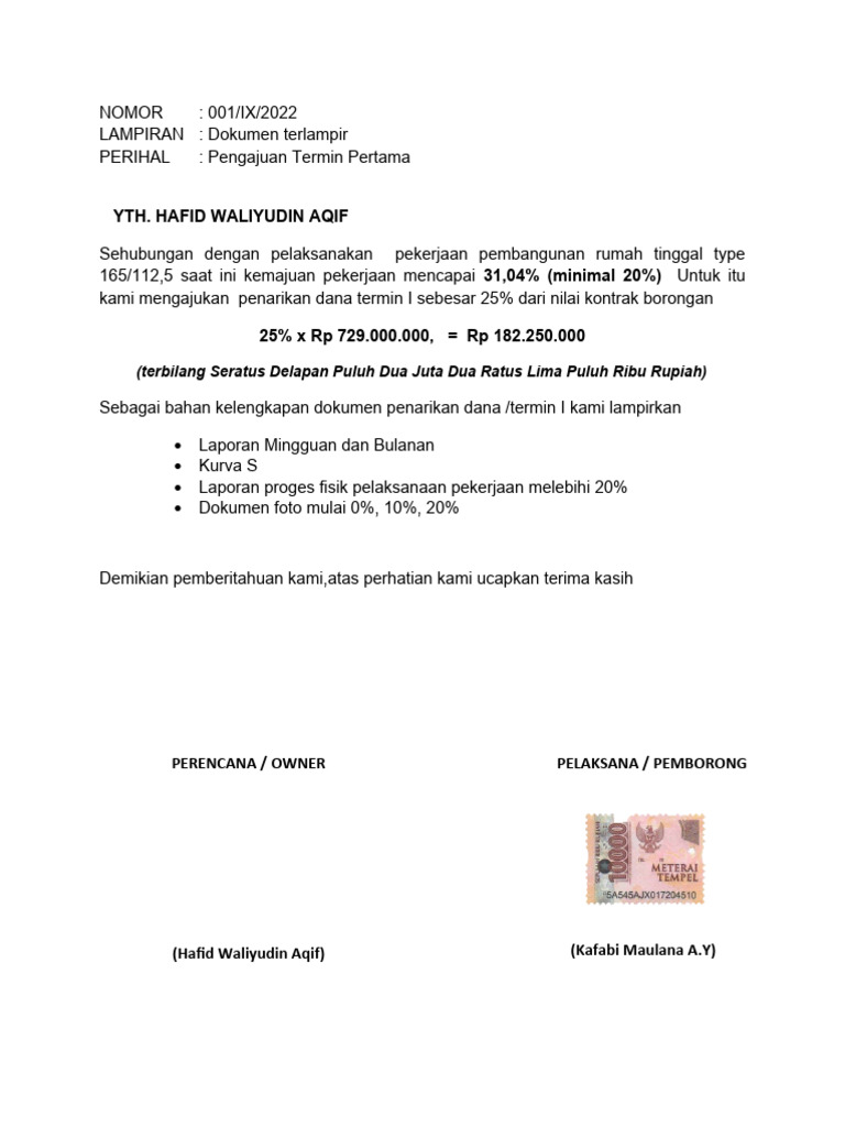 Contoh Format Pengajuan Termin | PDF | Bisnis | Pengelolaan Keuangan & Uang