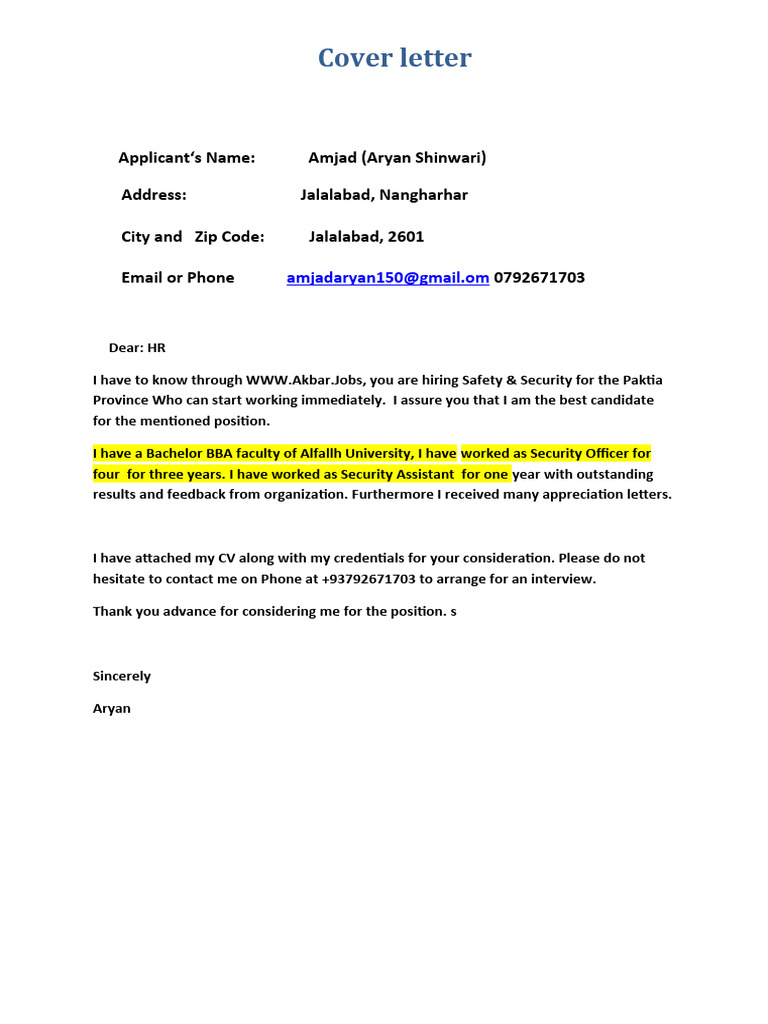 Amjad CV For The Position of Safety & Security Officer IRC Paktia | PDF ...