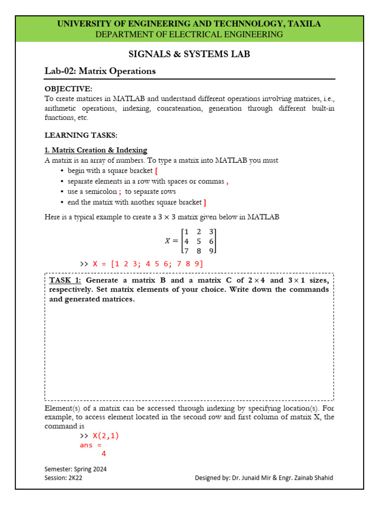 Lab 02 Matrix Operations Pdf Matrix Mathematics System Of Linear Equations