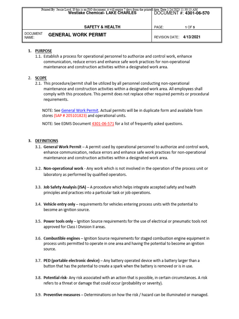 General Work Permit: 1. Purpose | PDF | Risk | Safety