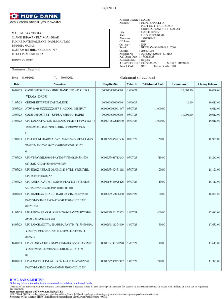 HDFC Bank Account Statement Summary | PDF | Debits And Credits | Money