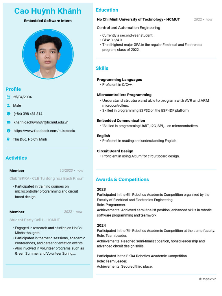Cao Huỳnh Khánh: Embedded Software Intern | PDF | Electrical Engineering | Computer Science