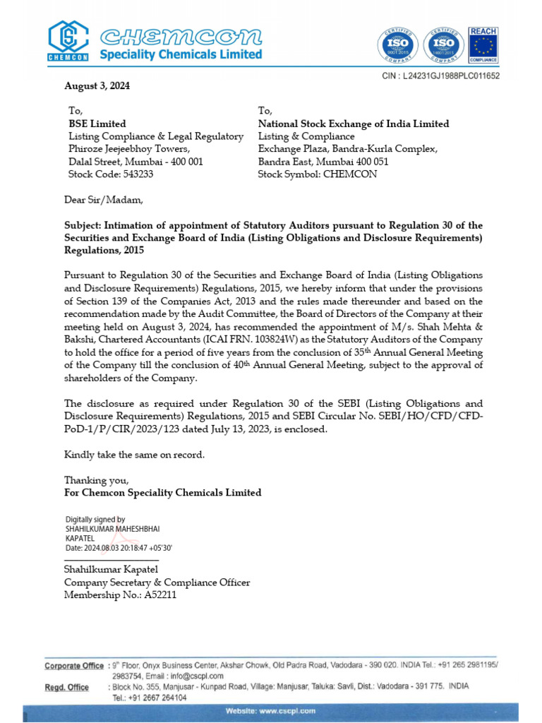 CHEMCON 03082024204948 Reg30SAappointmentuploaded03082024 | PDF | Audit | Regulatory Compliance
