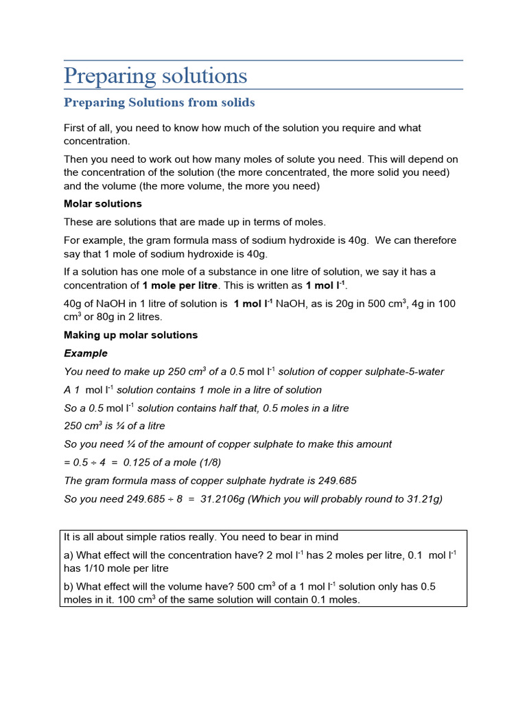 Preparing-solutions | PDF | Mass Concentration (Chemistry) | Mole (Unit)