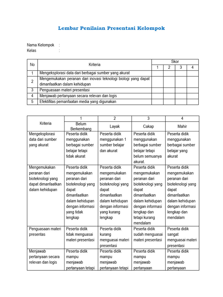 Lembar Penilaian Presentasi Kelompok | PDF