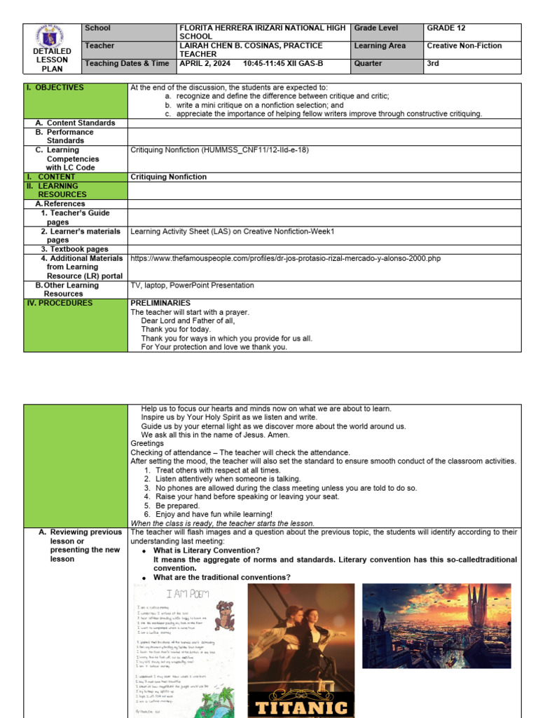LESSON PLAN GRADE 12GAS B DEMO | PDF | Teachers | Learning