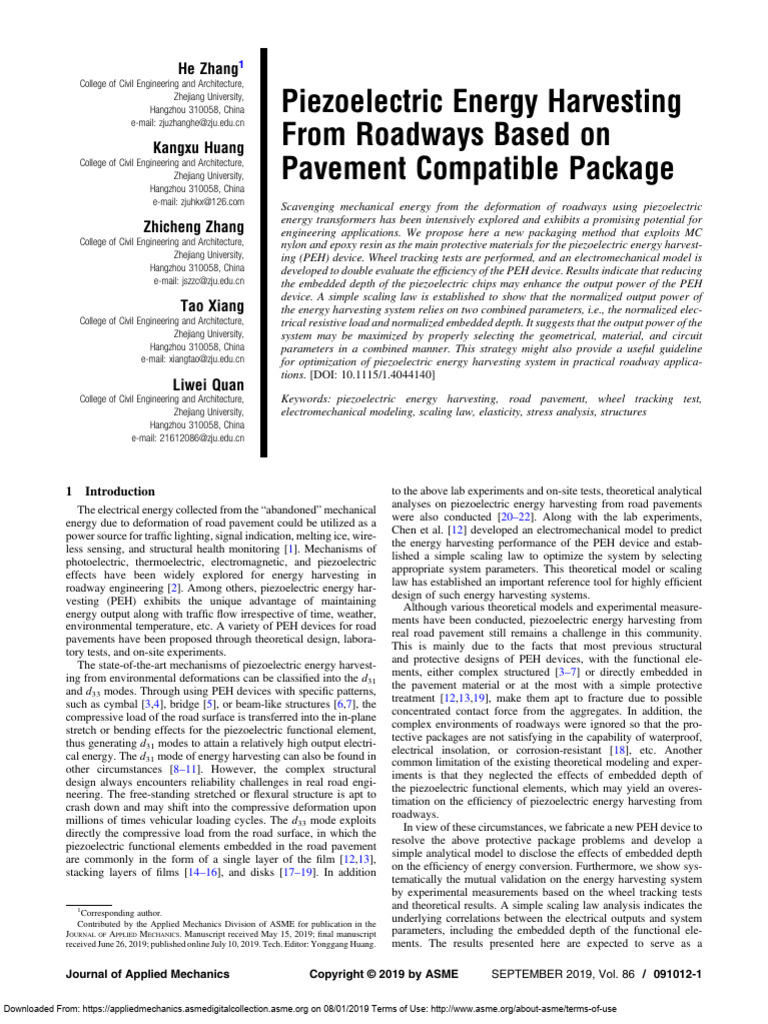 2019 Piezoelectric Energy Harvesting From Roadways Basedon Pavement ...