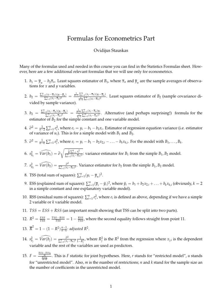Econometrics Formulas Pdf Autoregressive Model F Test