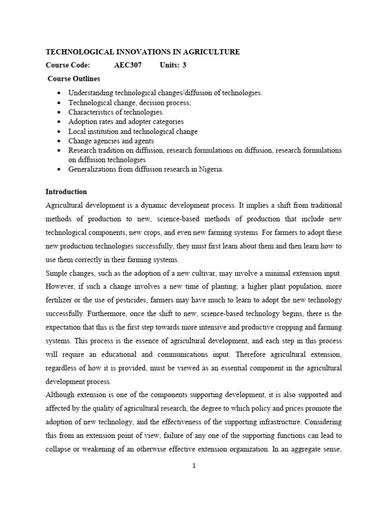 Aec307 Note-Technological Innovations in Agriculture 2017 | PDF | Technological Change | Agriculture