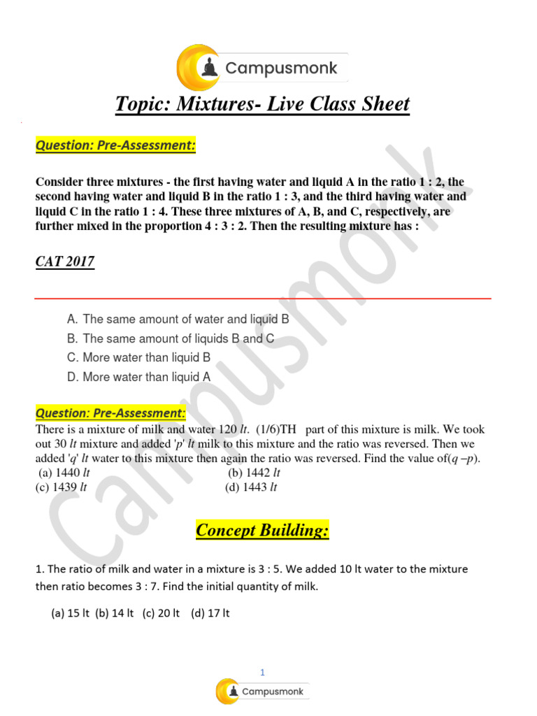 Mixtures And Alligation Pdf Ratio Mixture