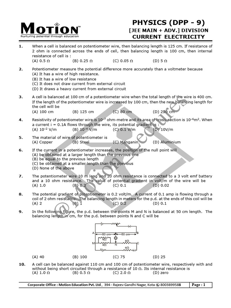 DPP-9 Current Ques. @motion Lectures | PDF | Electrical Resistance And Conductance | Volt