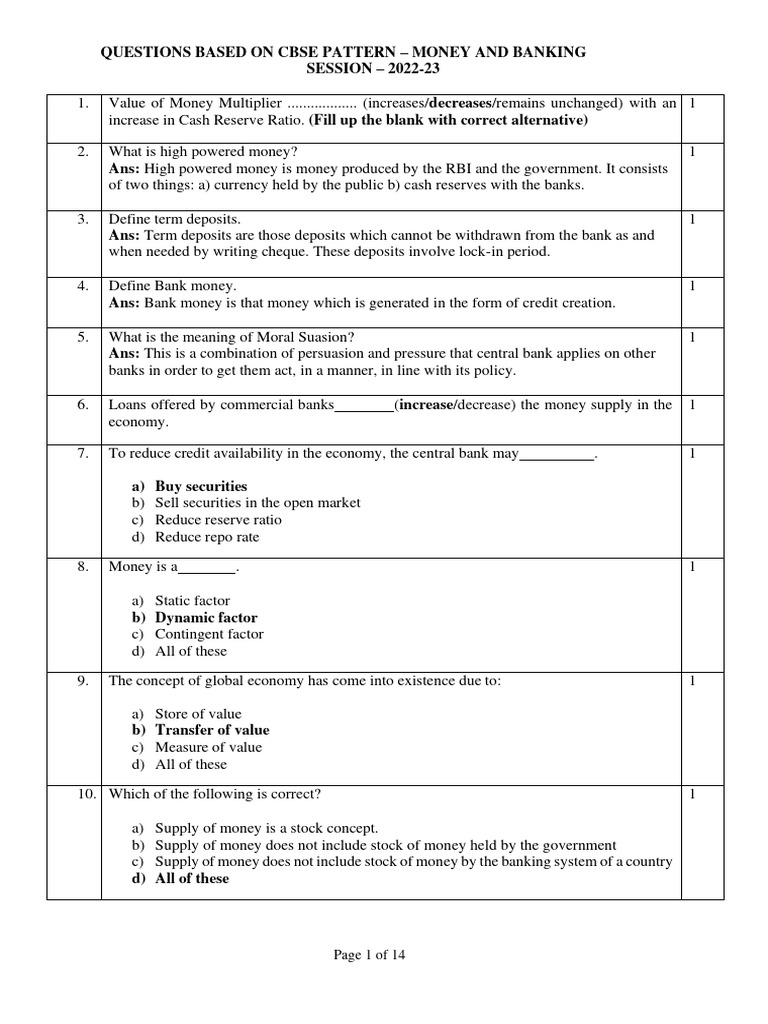 Money and Banking - Worksheet | PDF | Money | Reserve Bank Of India