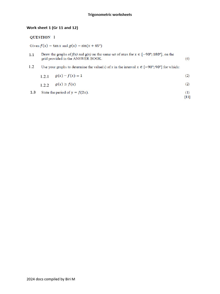 Trig Functions Worksheet 1 | PDF
