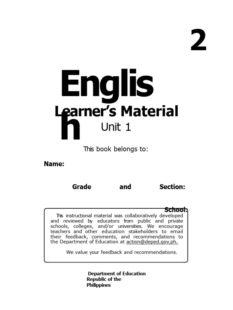 English 2 Unit 1 Learner's Material | PDF | Syllable | Teachers